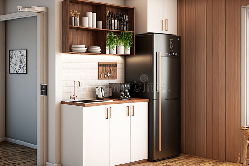 Small White and Wood Kitchen with Mini Bar. Generative AI Stock ...