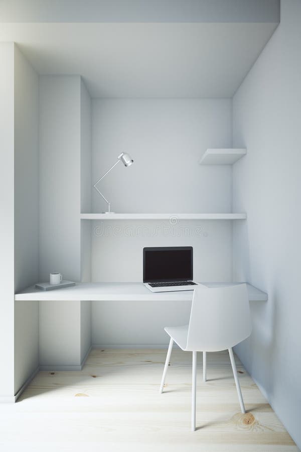 White Workspace with Computer Graphic Interior Design Stock ...