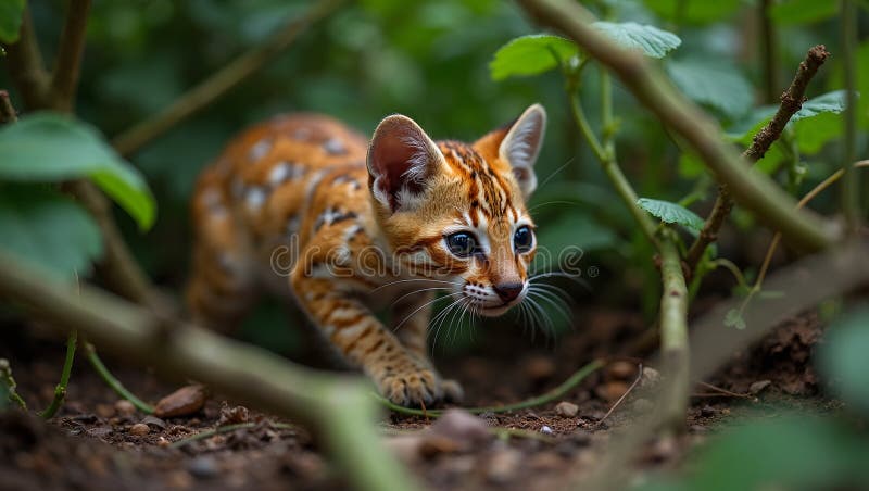 Small Wild Cat Prowling Jungle Rusty Spotted Fur Blending with Lush ...