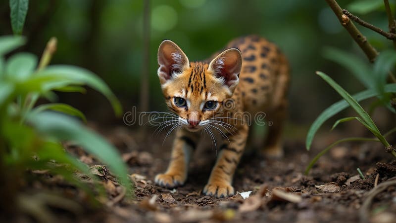 Small Wild Cat Prowling Jungle Rusty Spotted Fur Blending with Lush ...