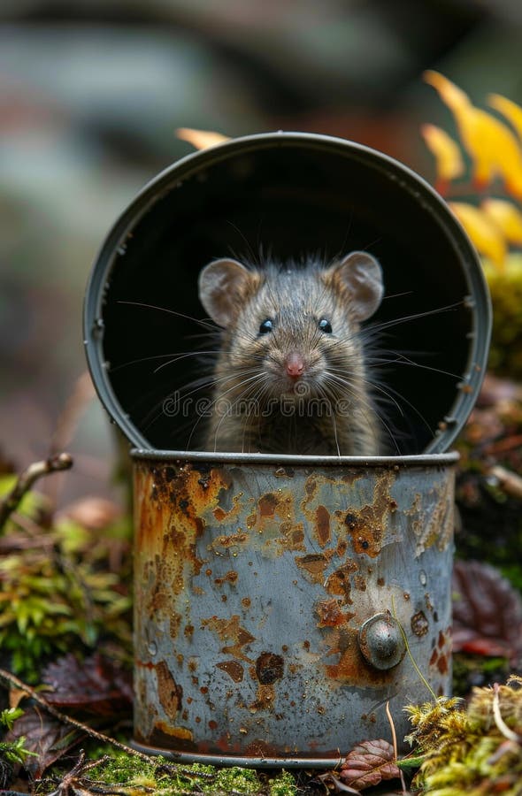 Small Wild Wood Mouse Peeks Out of Rusty Tin Can Stock Photo - Image of ...