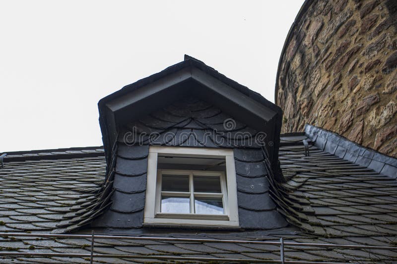 Small Window in the Roof, Scaly Gray Roof Exterior Stock Image - Image ...