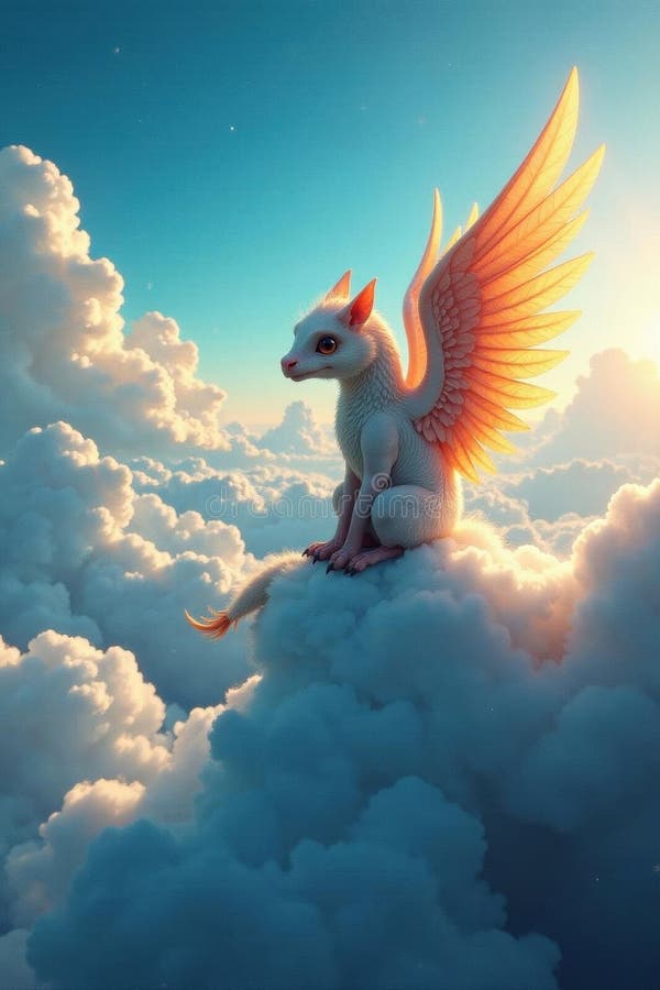 Small Winged Creature Sits on Cloudscape, Looking Down at World Below ...