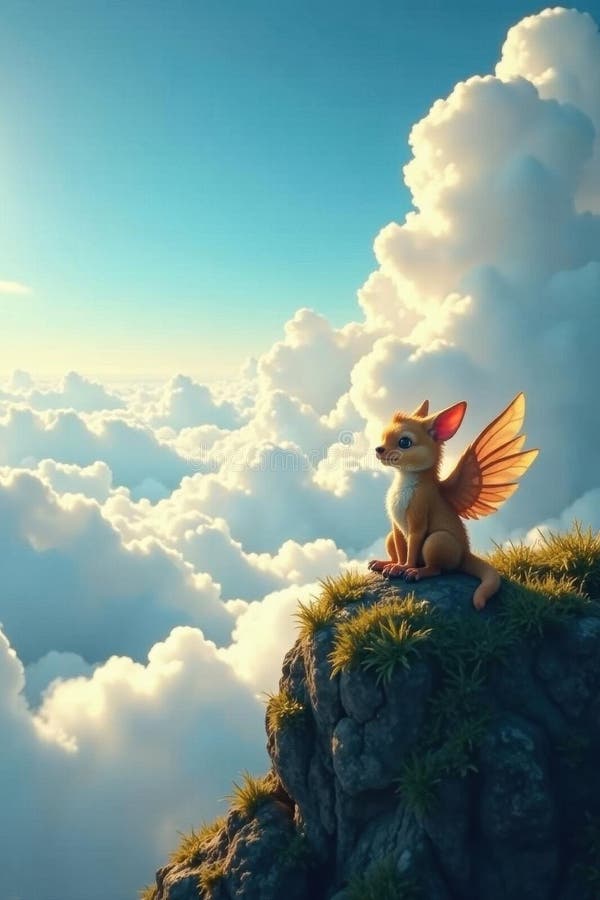 Small Winged Creature Sits on Cloudscape, Looking Down at World Below ...