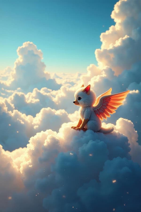 Small Winged Creature Sits on Cloudscape, Looking Down at World Below ...