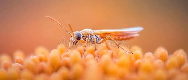 Small Winged Insect Rests on Soft Orange Surface. Macro View of ...