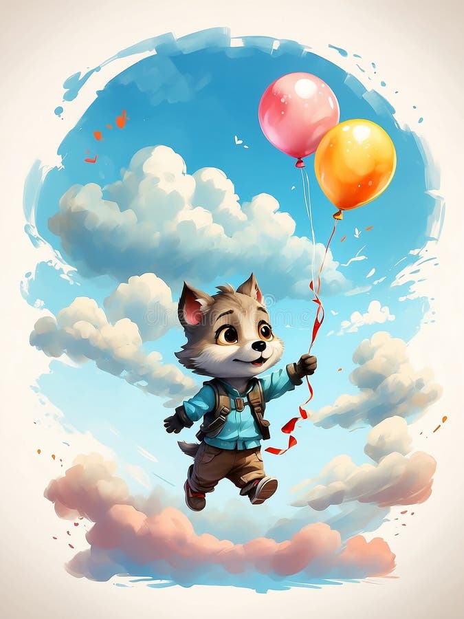 Tiny Wolf Floating among Balloons in the Bright Blue Sky. Stock ...