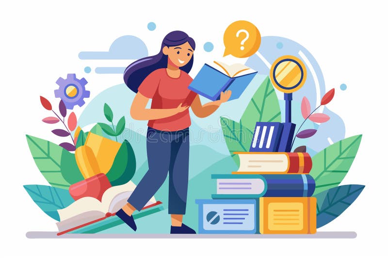 Small Woman Exploring Guidebooks in a Bright, Colorful Library Setting ...