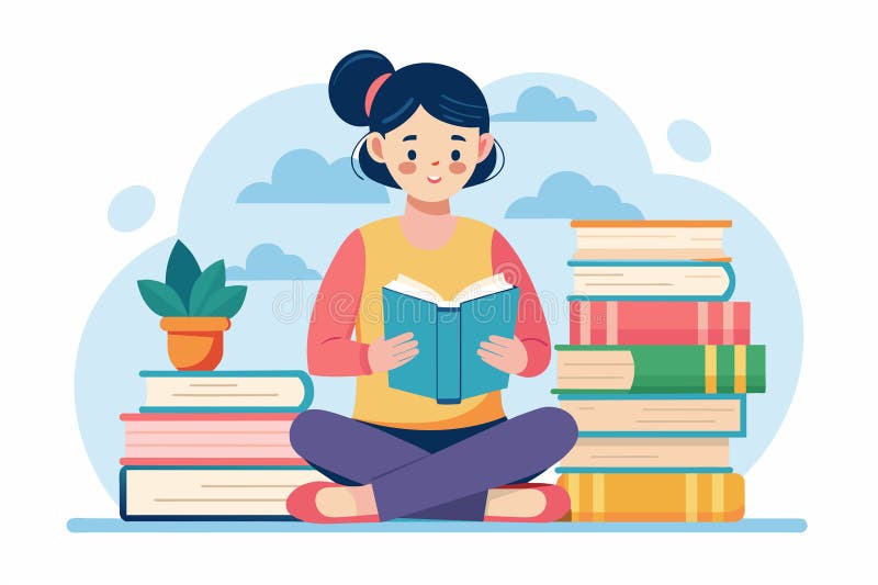 A Small Woman Sits Cross-legged on the Floor, Deeply Engaged in a Book ...