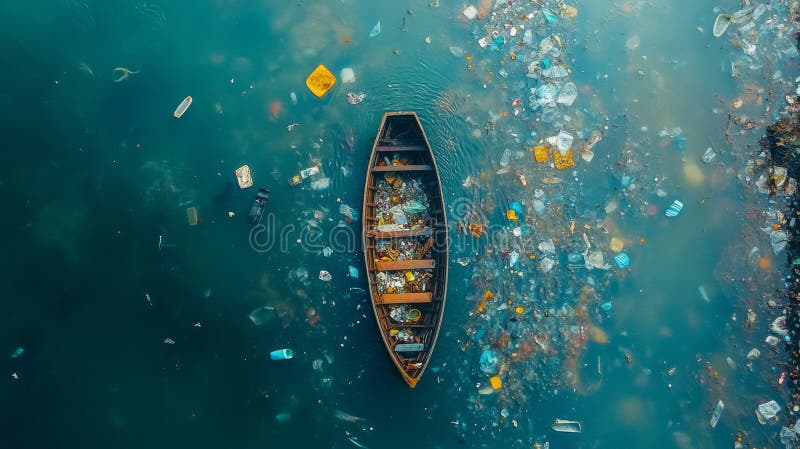 A Small Wooden Boat Navigating through Plastic Pollution in the Water ...