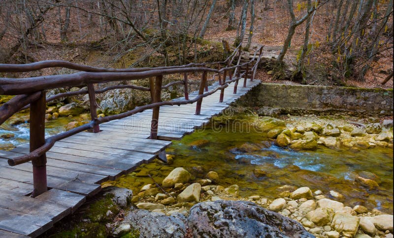 Wooden Bridge Across Mountain River Stock Photo - Image of rail ...