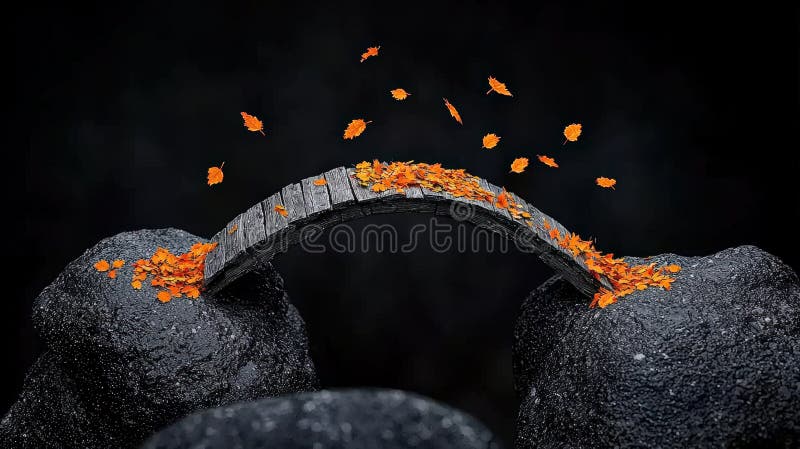A Small Wooden Bridge on Rocks with Orange Leaves Falling Dark ...