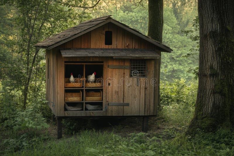 A Small Wooden Chicken Coop with Two Chickens Inside Stock Illustration ...