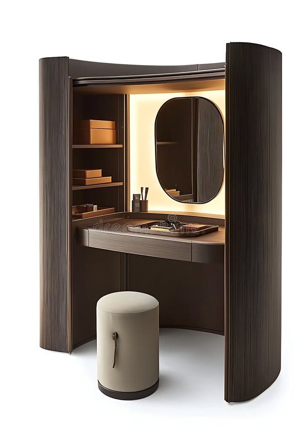 A Small Wooden Desk with a Mirror and a Stool Stock Image - Image of ...