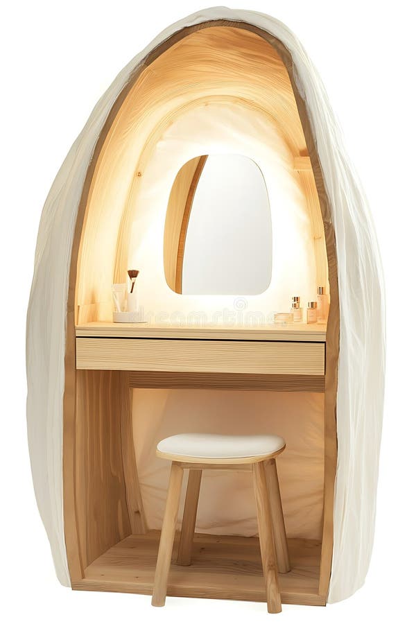 A Small Wooden Desk with a Stool and a Mirror Stock Photo - Image of ...