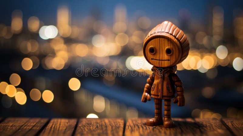 A Small Wooden Figure Standing on Top of a Wooden Table Stock ...