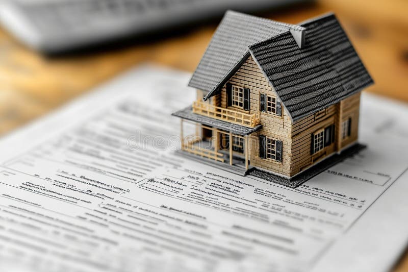 A Small Wooden House Model Sits on Top of a Real Estate Document Stock ...