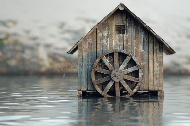 A Small Wooden House with a Water Wheel in the Water. Suitable for ...