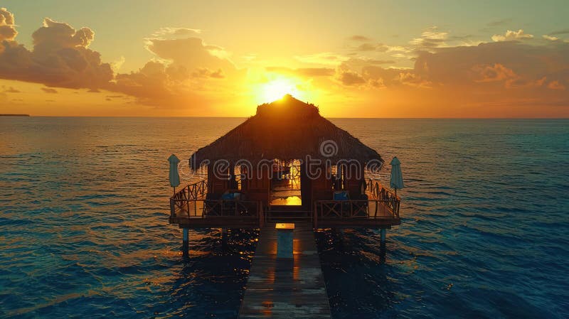 A Small Wooden Hut is on a Dock in Front of the Ocean Stock ...