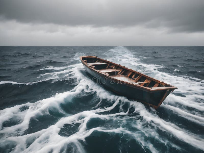 Small Wooden Rowboat Sailing Alone on a Rough Sea Under a Cloudy Sky ...