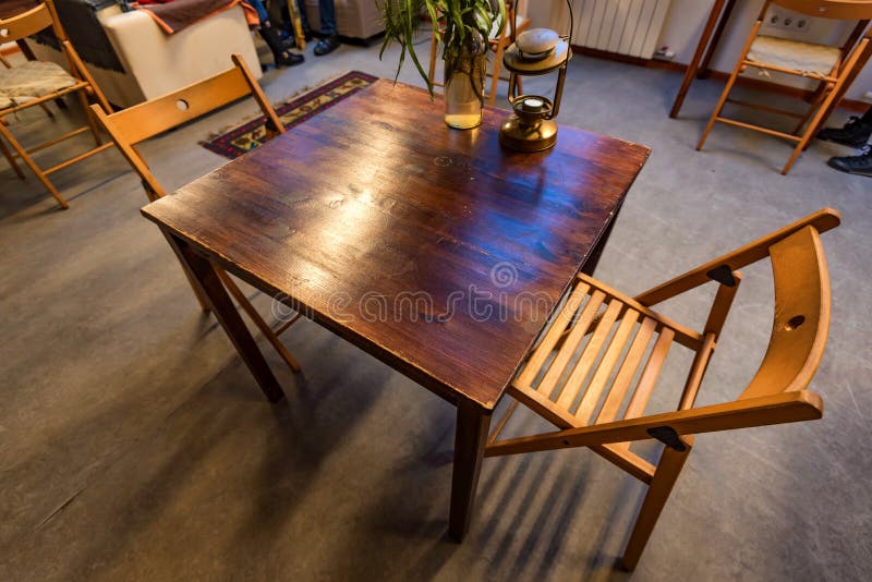 Small Wooden Table for Two in Restaurant Stock Image - Image of ...