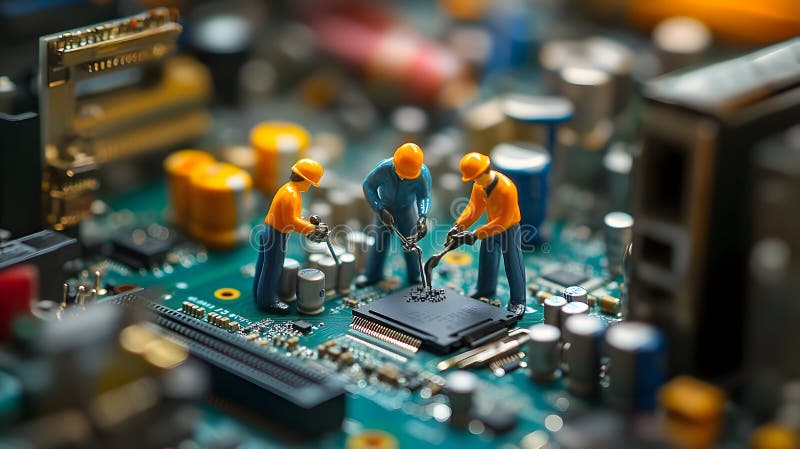 Small Workers Repairing Components on a Circuit Board, Showcasing Microelectronics and ...