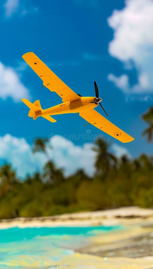 A Small Yellow Airplane Flying Over a Beach with Palm Trees Stock Image ...