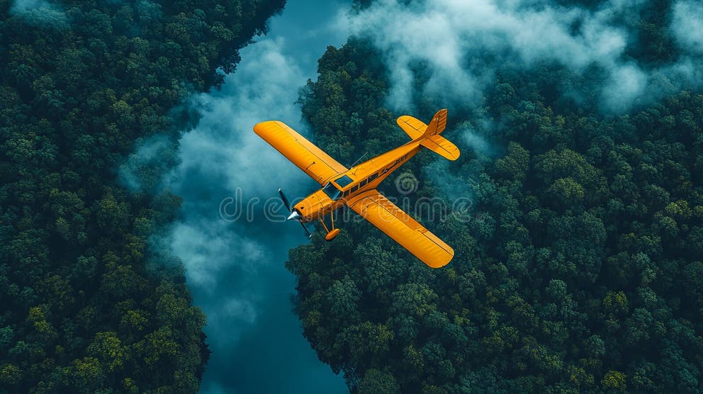 A Small Yellow Airplane Flying Over a Forest Stock Photo - Image of ...