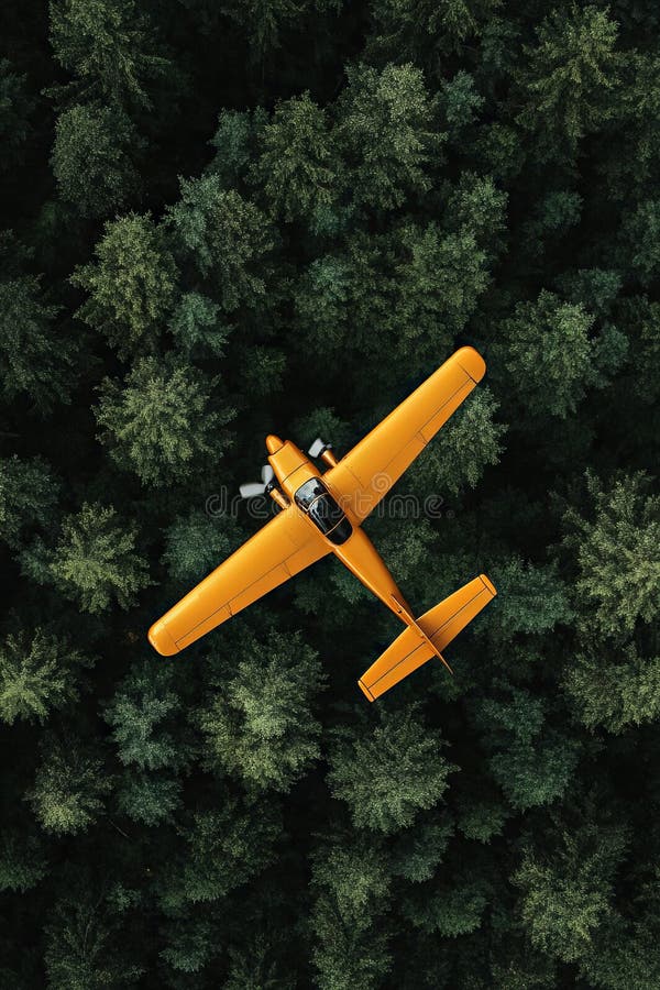 A Small Yellow Airplane Flying Over a Forest Stock Photo - Image of ...