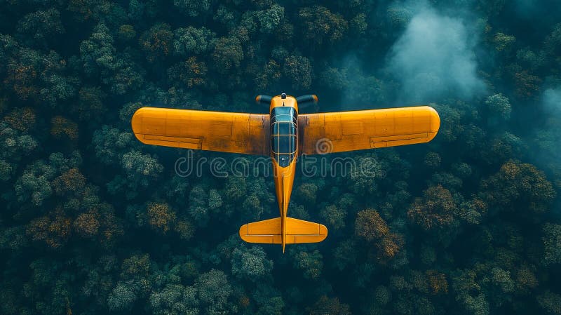 A Small Yellow Airplane Flying Over a Forest Filled with Trees Stock ...