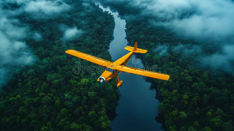A Small Yellow Airplane Flying Over a Lush Green Forest Stock Photo ...