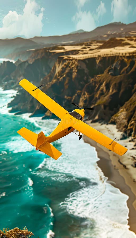 A Small Yellow Airplane Flying Over the Ocean Near the Beach Stock ...