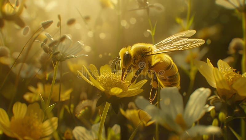 Small Yellow Bee Collecting Pollen in Nature, Work Stock Illustration ...