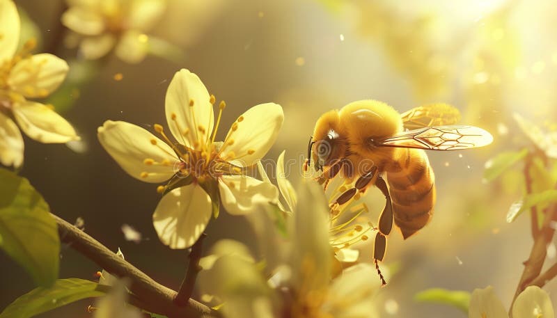 Small Yellow Bee Collecting Pollen in Nature, Work Stock Illustration ...