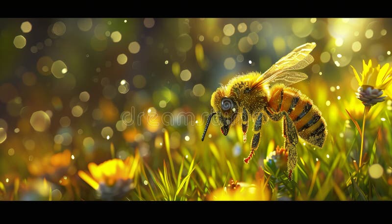 Small Yellow Bee Collecting Pollen in Nature, Work Stock Illustration ...