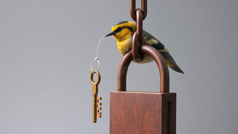 Small Yellow Bird Holding Key on Rusty Padlock, Symbolizing Unlocking ...