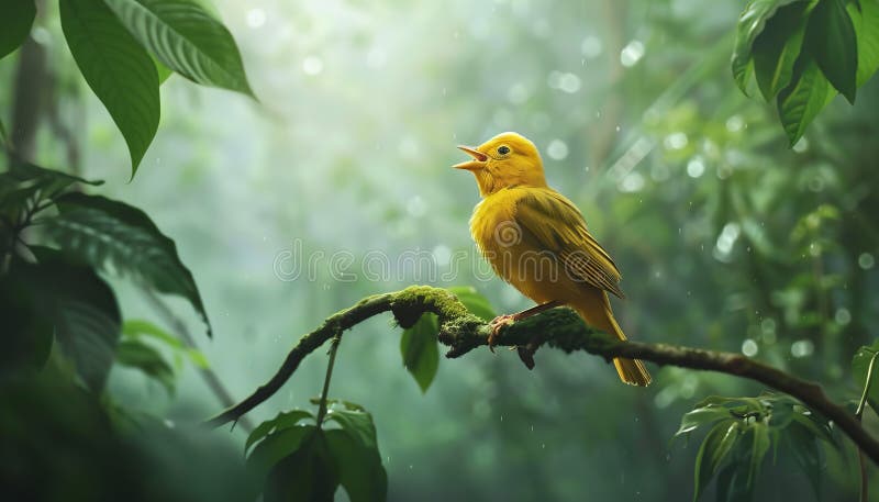 Small Yellow Bird Perching on Branch, Singing in Tranquil Forest Stock ...