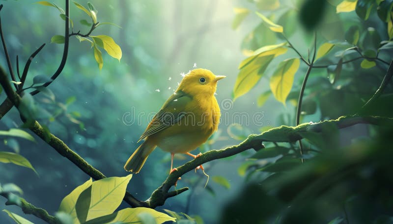 Small Yellow Bird Perching on Branch, Singing in Tranquil Forest Stock ...
