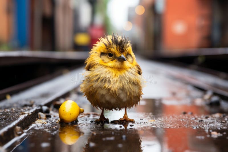 A Small Yellow Bird is Standing on a Train Track Stock Illustration ...