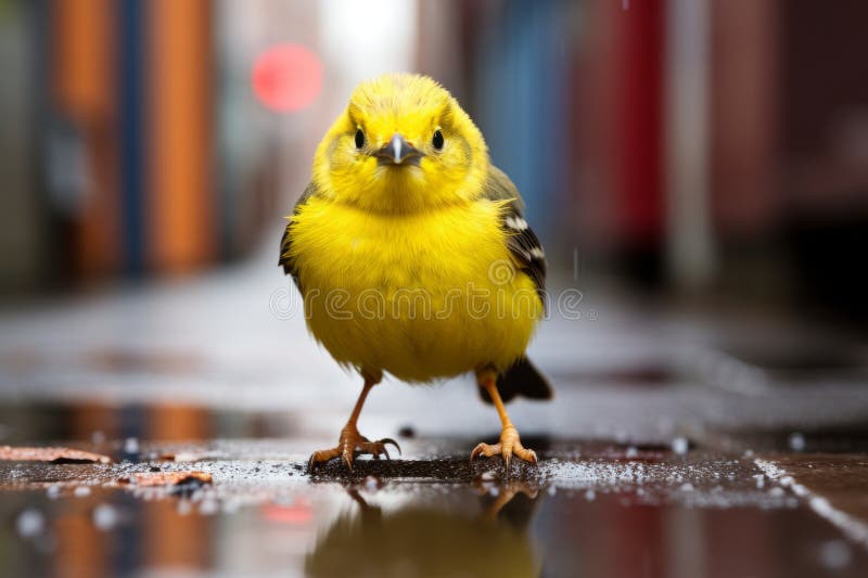 A Small Yellow Bird Standing on a Wet Sidewalk Stock Illustration ...