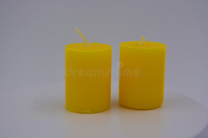 Things Objects Small Yellow Candles Located White Plastic Background ...