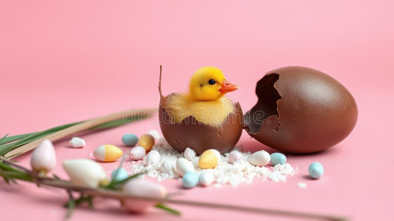 Small Yellow Chick Hatching from Chocolate Egg with Colorful Candy on ...