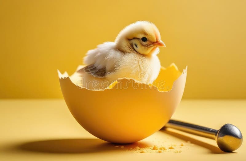 Small Yellow Chicken is Sitting in Chicken Eggshell. Shell is Broken ...