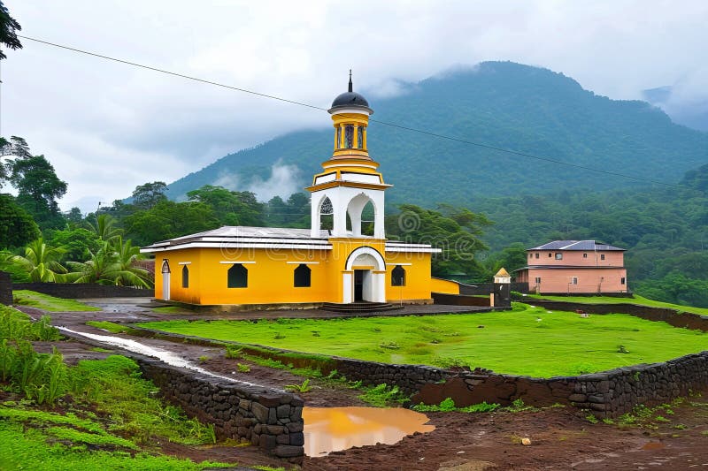 A Small Yellow Church in the Middle of a Green Field Stock Image ...