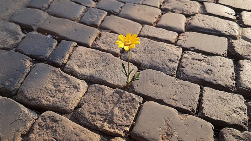 A Small Yellow Flower Emerging from Cracks in Stone Pavement Stock ...