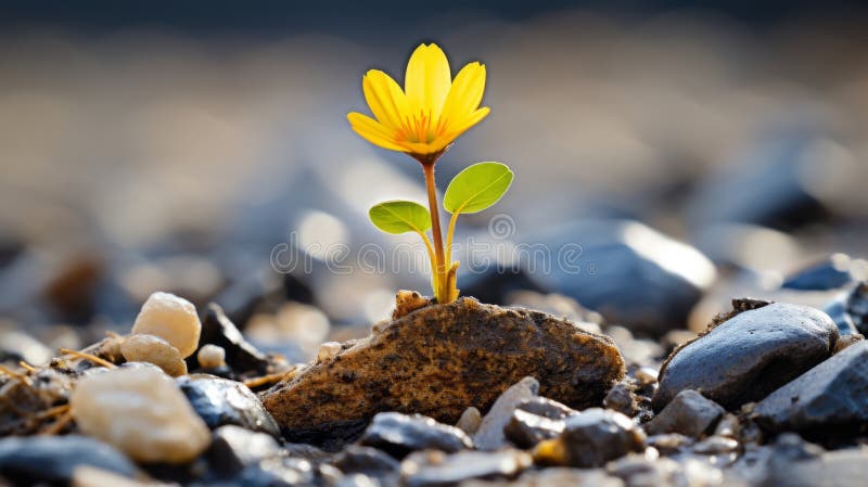 A Small Yellow Flower is Growing Out of a Rock Stock Illustration ...