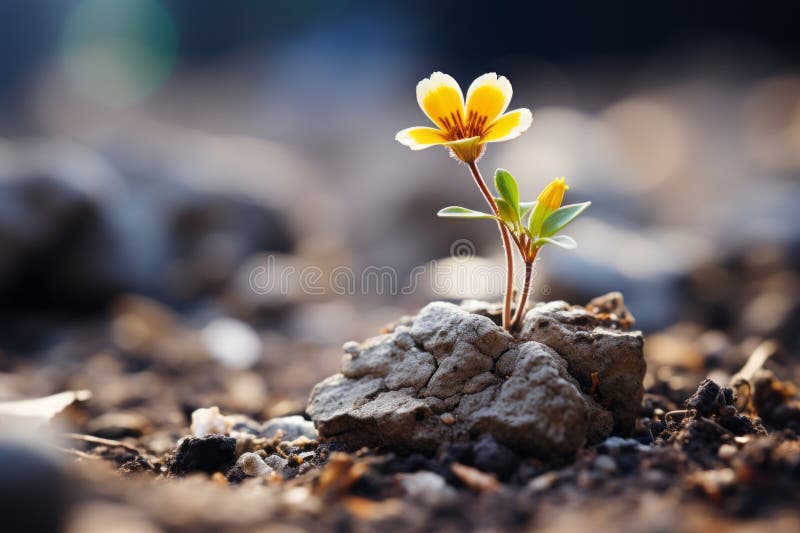 A Small Yellow Flower is Growing Out of a Rock Stock Illustration ...