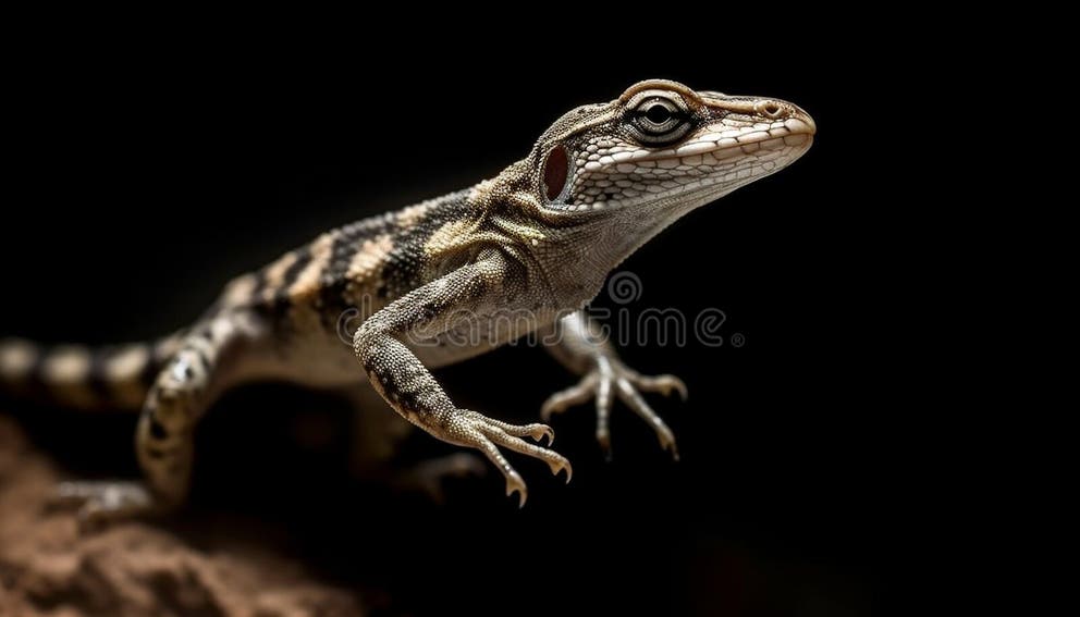 Small Yellow Gecko with Spotted Pattern Crawls on Black Background ...