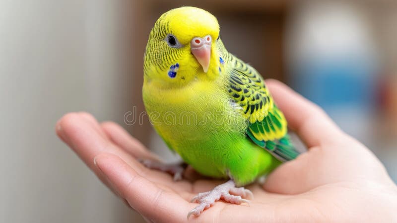 A Small Yellow and Green Bird Sitting on a Persons Hand, AI Stock Image ...
