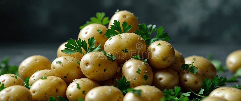 Small Yellow Potatoes with Parsley on Dark Background. Stock Photo ...
